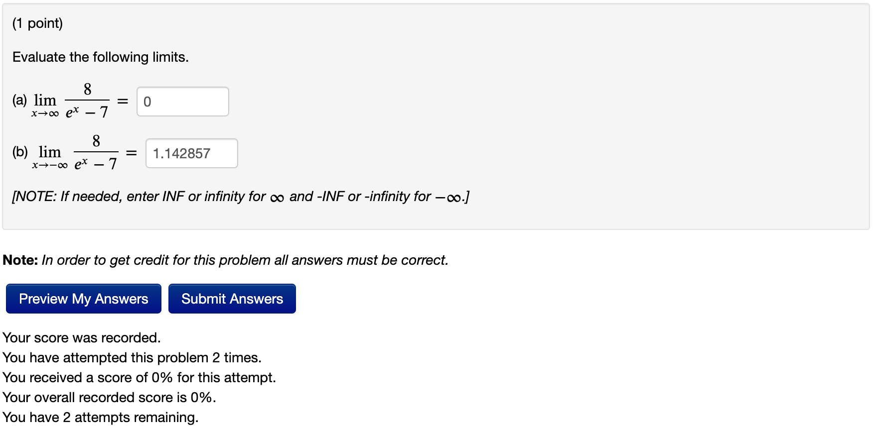 Solved (1 point) Evaluate the following limits. 8 (a) lim | Chegg.com