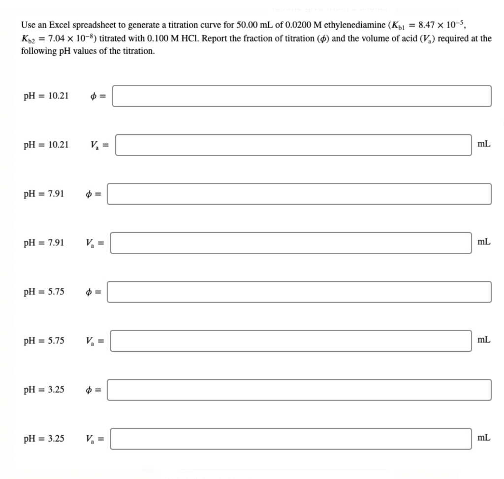 Use an Excel spreadsheet to generate a titration | Chegg.com