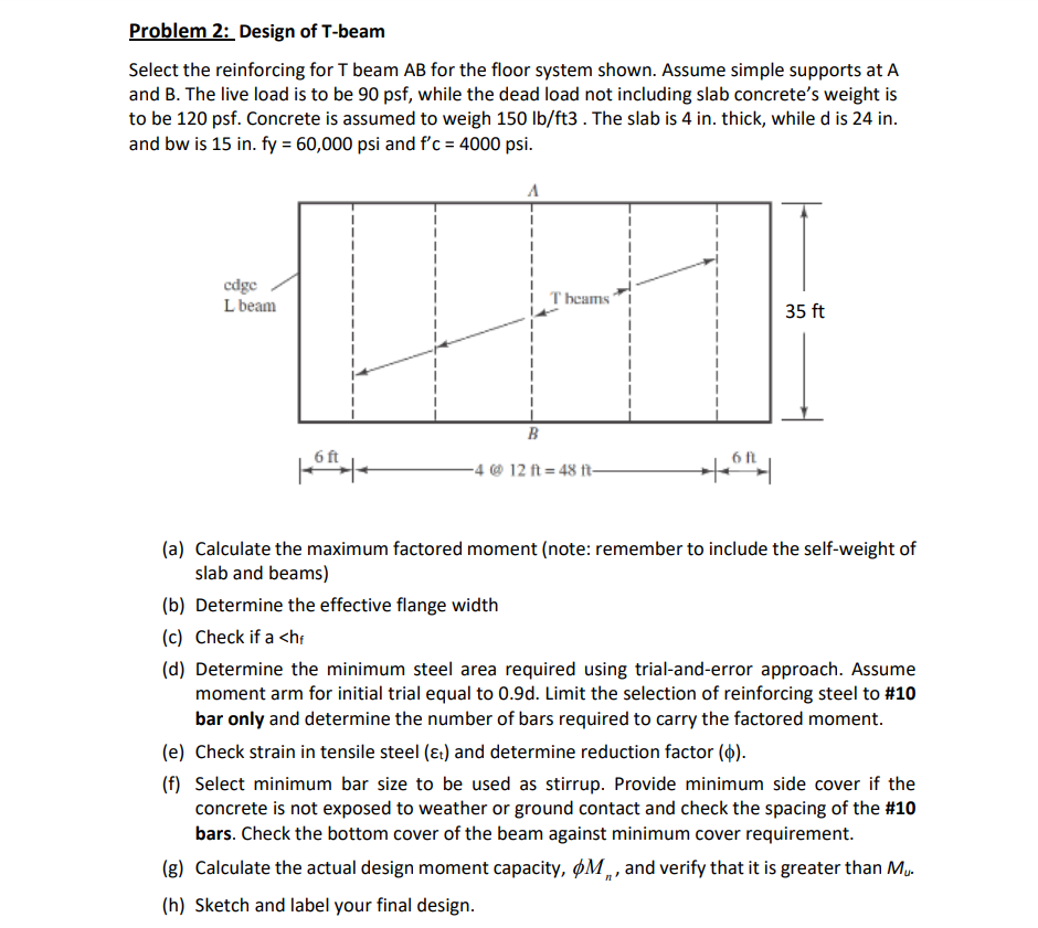 Solved Problem 2: Design of T-beam Select the reinforcing | Chegg.com