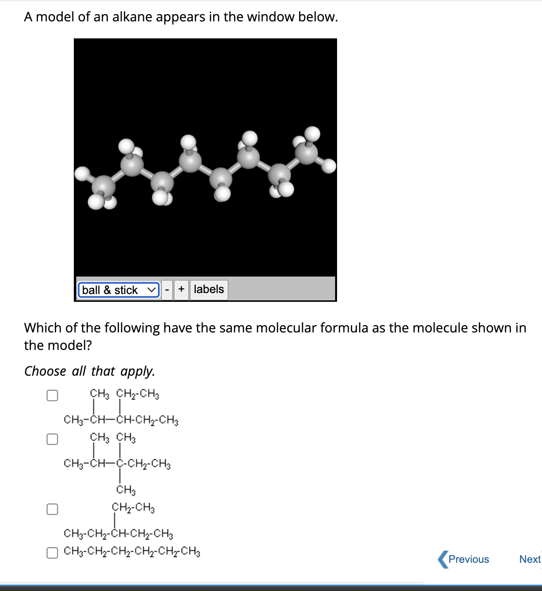 Solved A model of an alkane appears in the window below. | Chegg.com