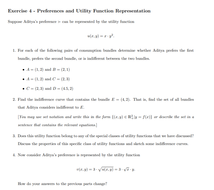 Solved Exercise 4 - Preferences and Utility Function | Chegg.com