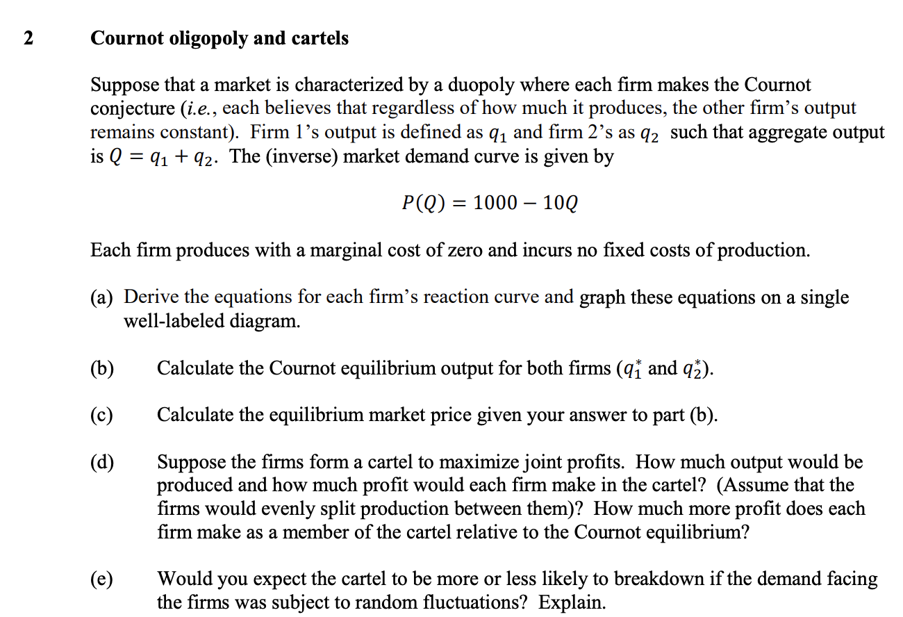 Solved Cournot oligopoly and cartels Suppose that a market | Chegg.com