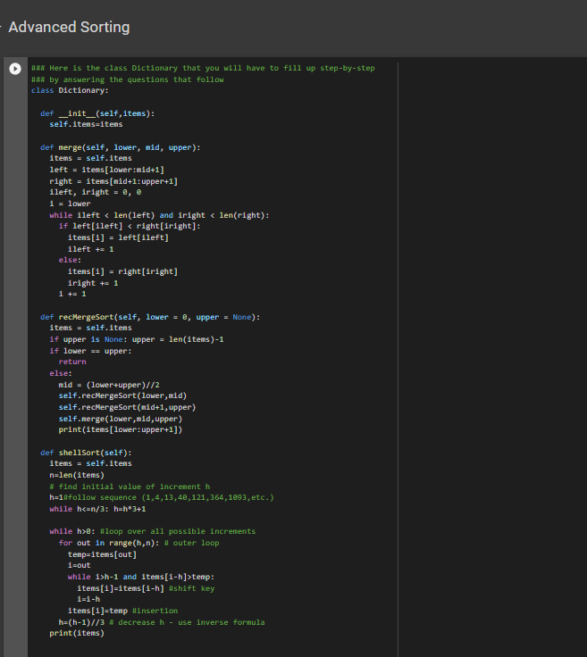 Solved Advanced Sorting Han Here is the class Dictionary | Chegg.com