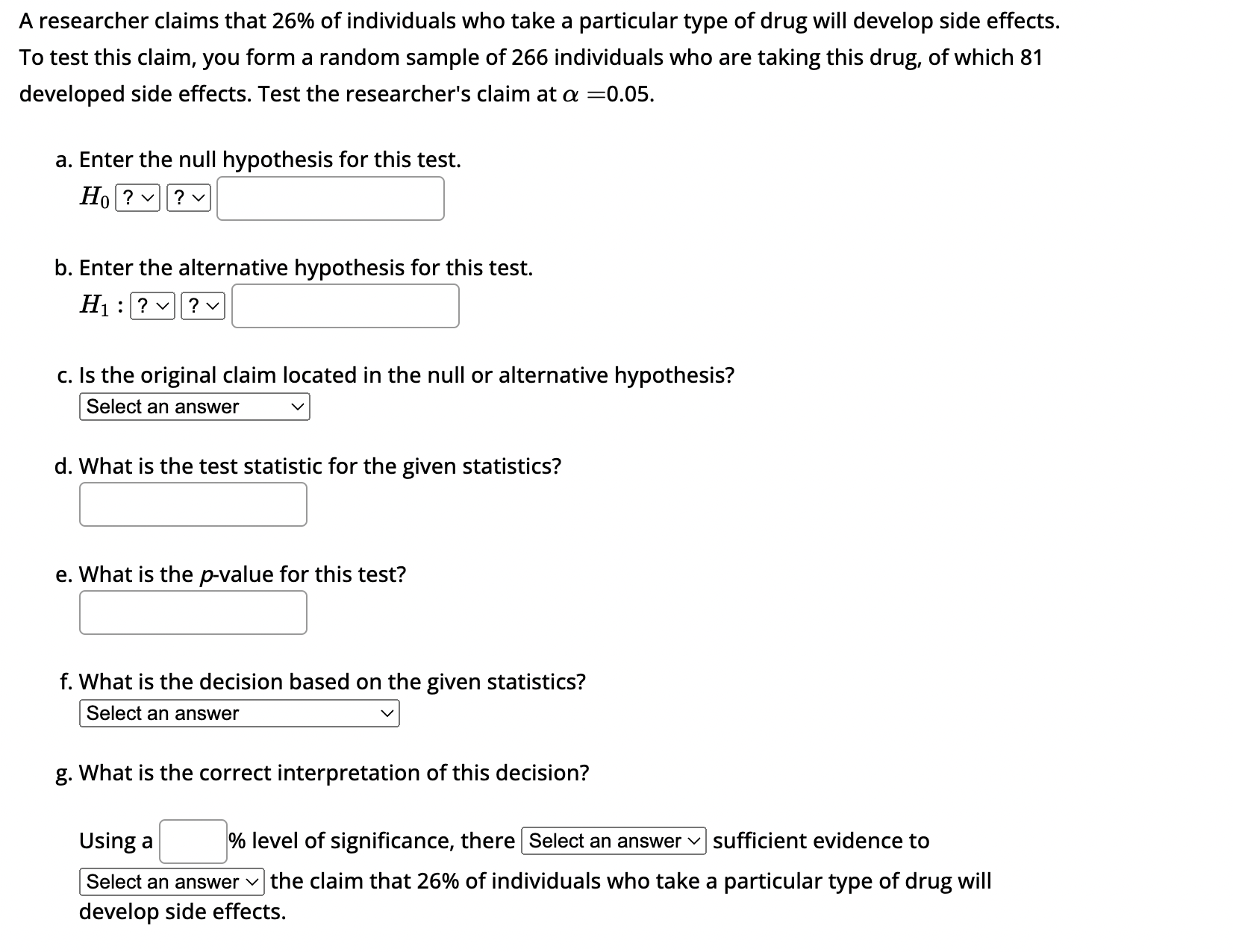 Solved A researcher claims that 26% of individuals who take | Chegg.com