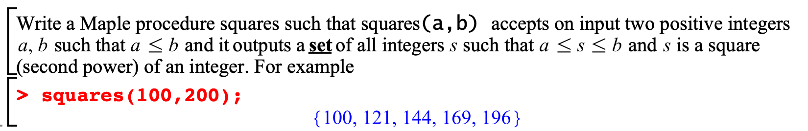 Solved a, Write a Maple procedure squares such that squares | Chegg.com