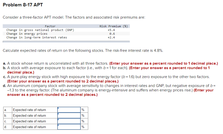 Solved Problem 8 17 Apt Consider A Three Factor Apt Model