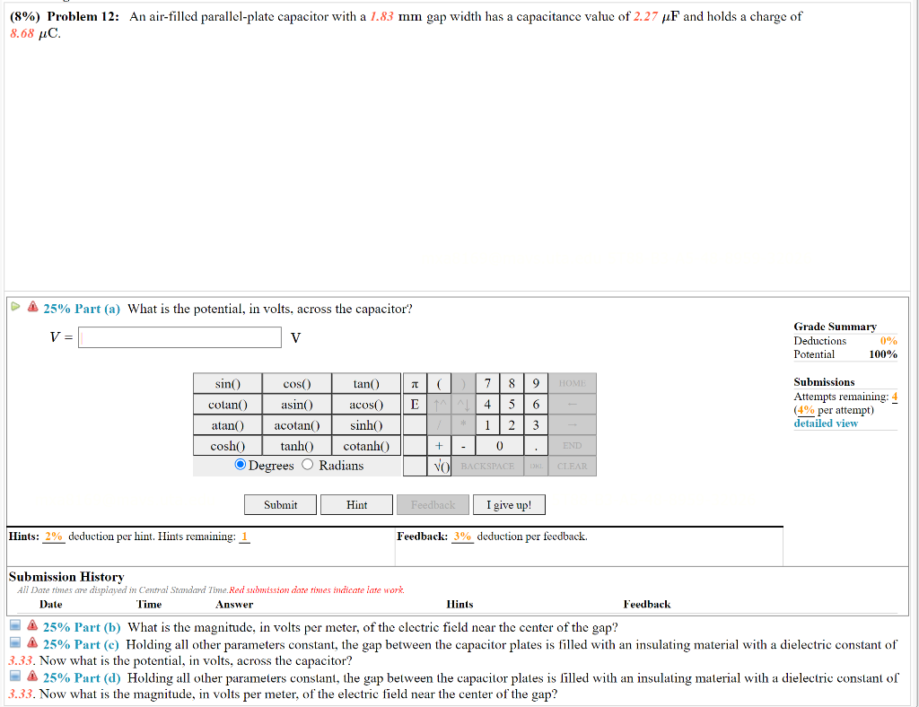 Solved (8%) Problem 12: An air-filled parallel-plate | Chegg.com