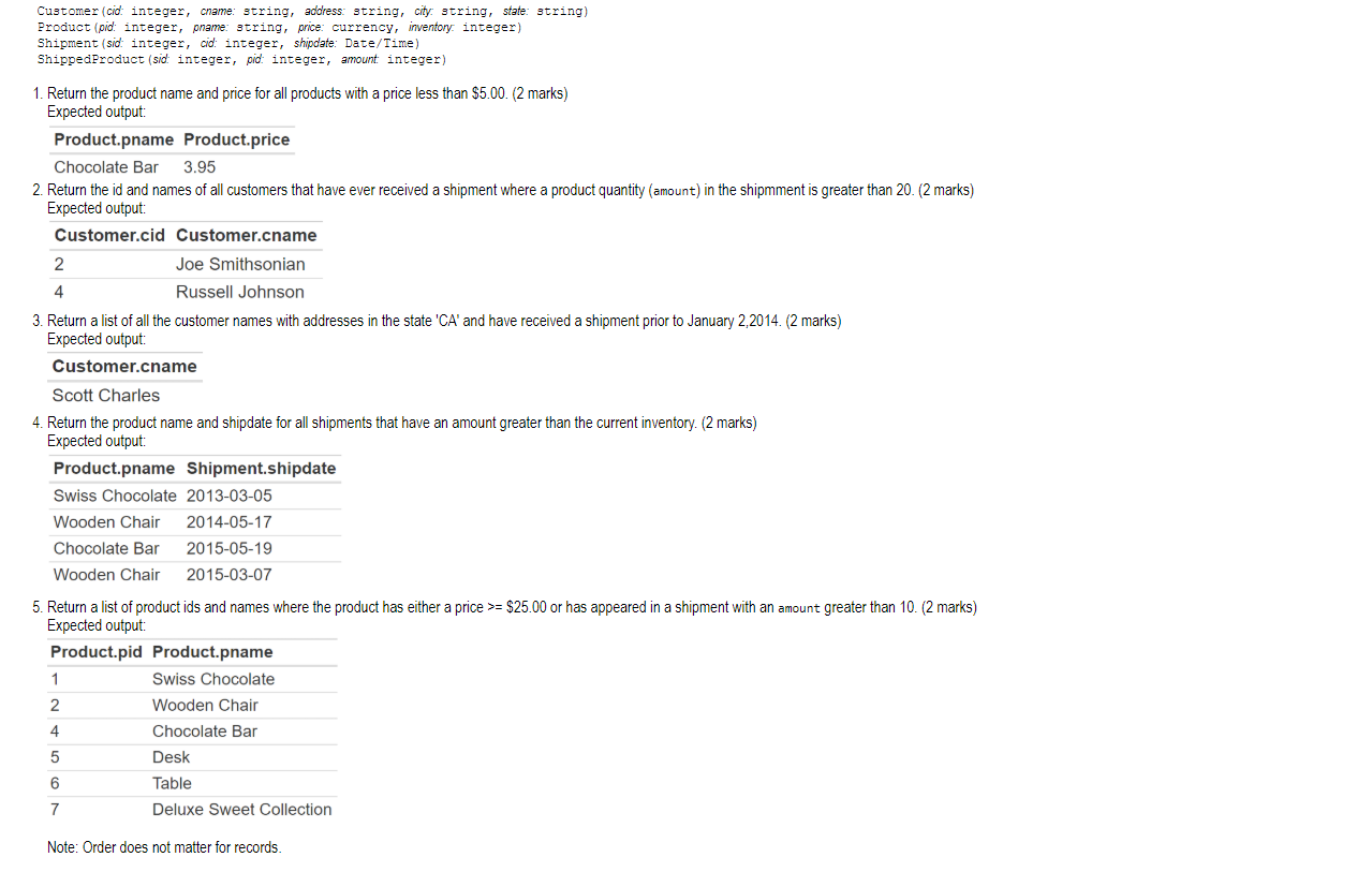 Customer Cid Integer Cname String Address 