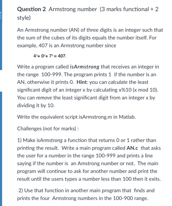 Question Answer An Armstrong Number AN Of Three Digits Is An 