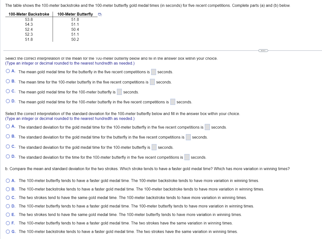 Solved The table shows the 100-meter backstroke and the | Chegg.com