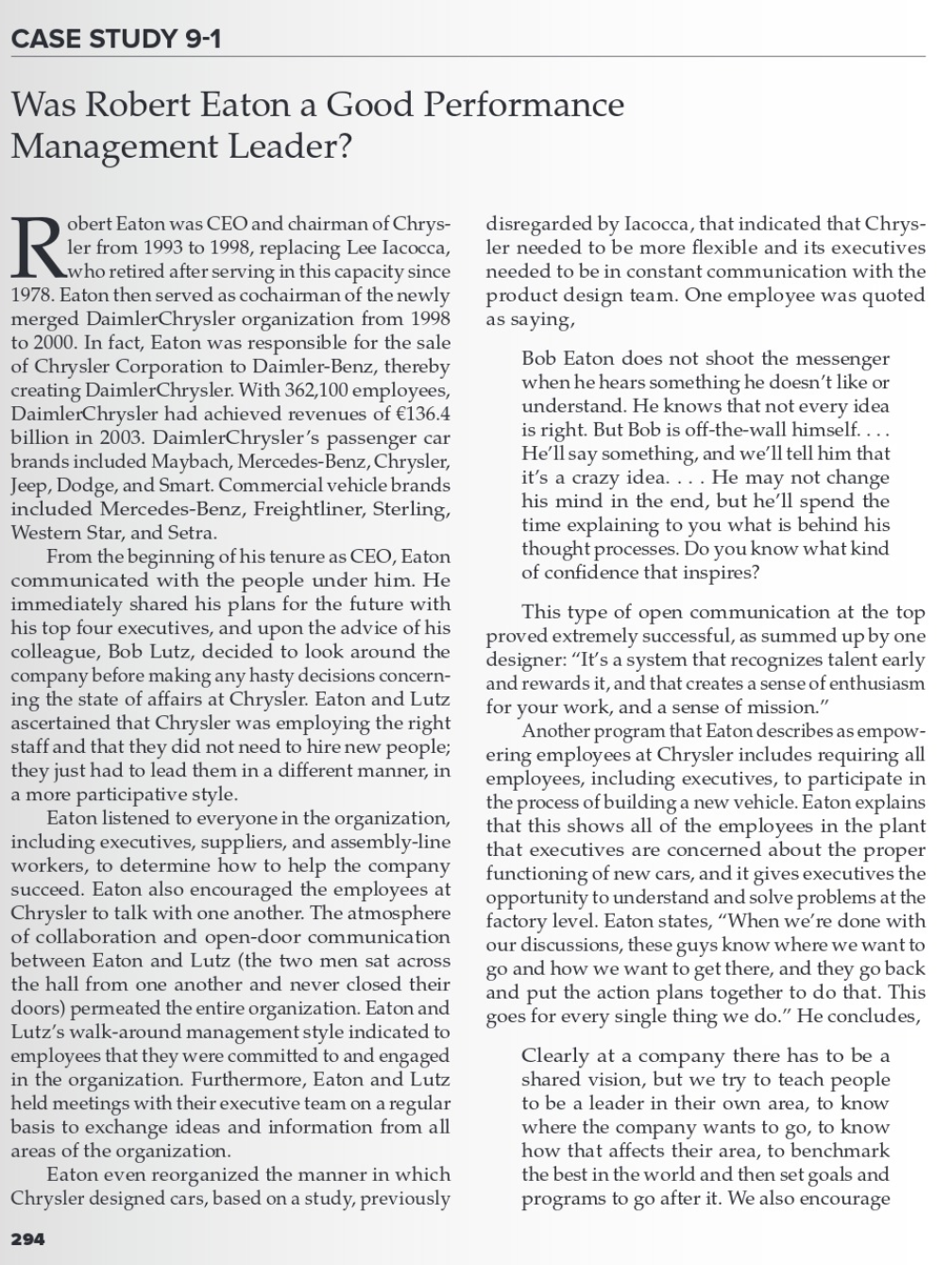 Solved CASE STUDY 9-1 Was Robert Eaton a Good Performance | Chegg.com