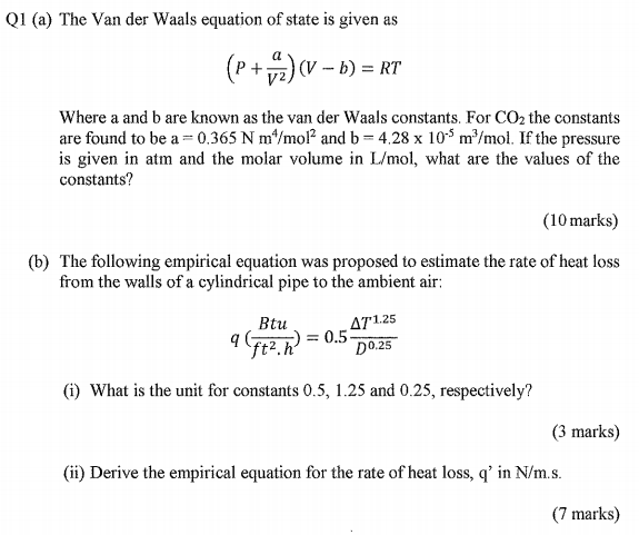 Solved Q1 (a) The Van der Waals equation of state is given | Chegg.com