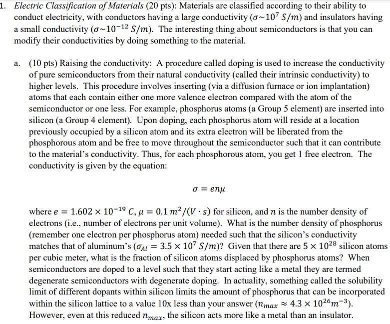 1. Electric Classification of Materials (20 pts): | Chegg.com