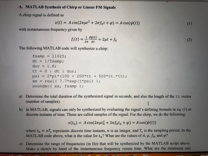 Solved A. MATLAB Synthesis of Chirp or Linear FM Signals A | Chegg.com