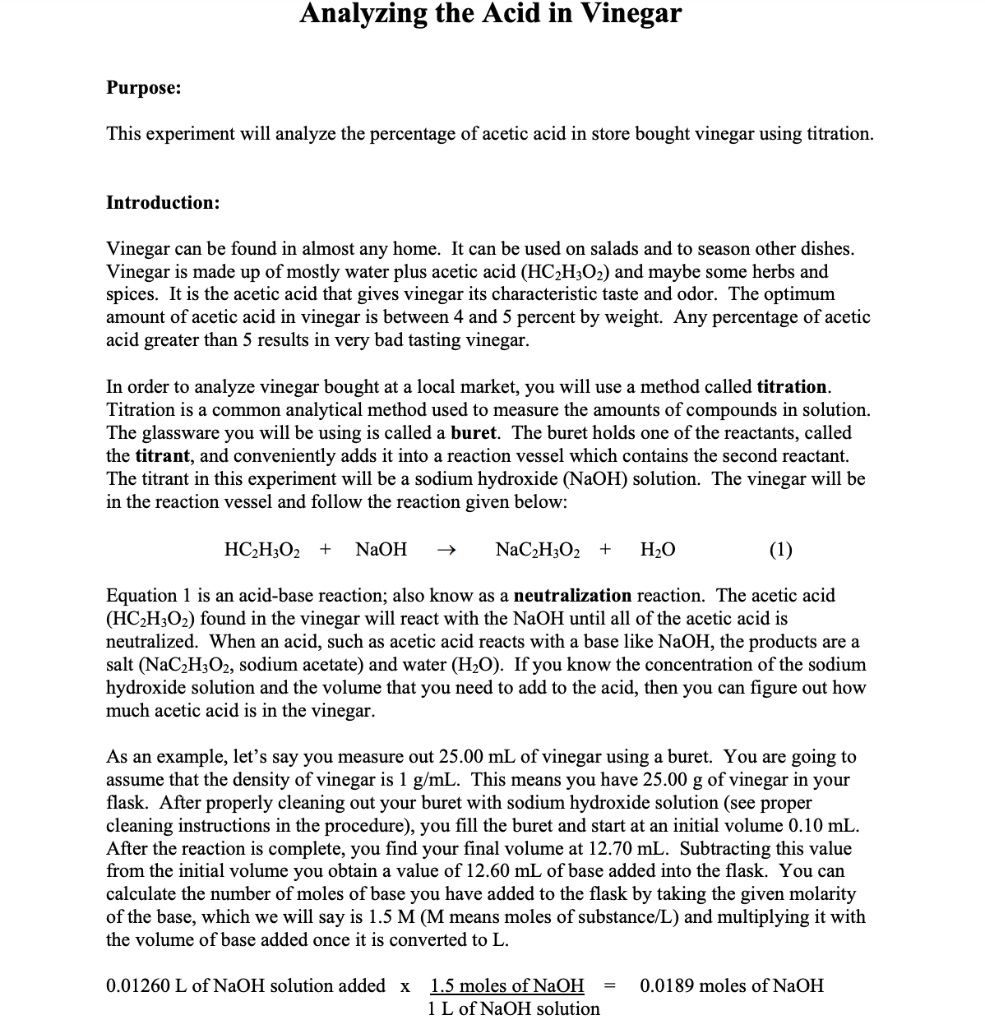 Solved Analyzing the Acid in Vinegar Purpose: This | Chegg.com