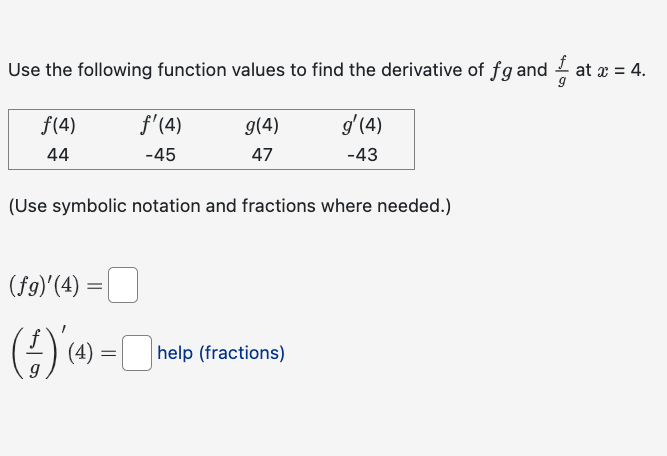 Solved Use the following function values to find the | Chegg.com