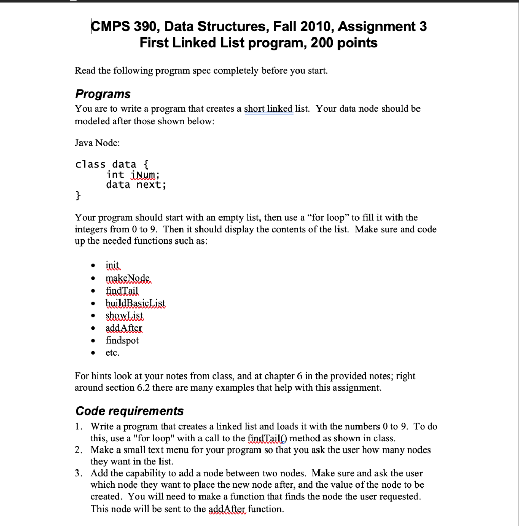 Solved Cmps 390 Data Structures Fall 2010 Assignment 3