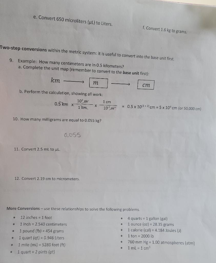 Solved e. Convert 650 microliters (ul) to Liters. f. Convert | Chegg.com