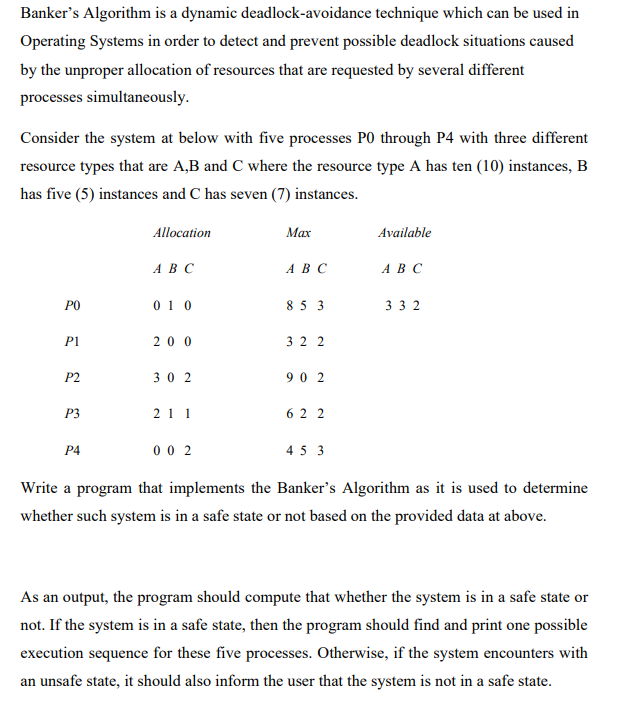 Solved Banker's Algorithm is a dynamic deadlock-avoidance | Chegg.com