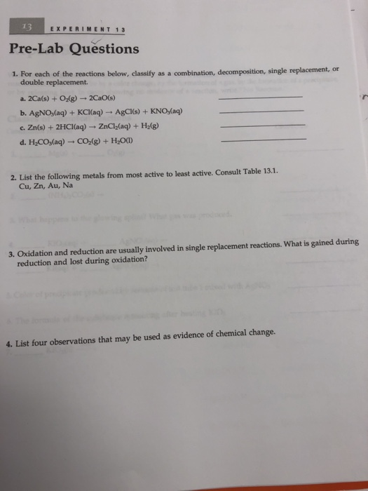 Solved EXPERIMENT 13 Pre-Lab Questions 1. For each of the | Chegg.com