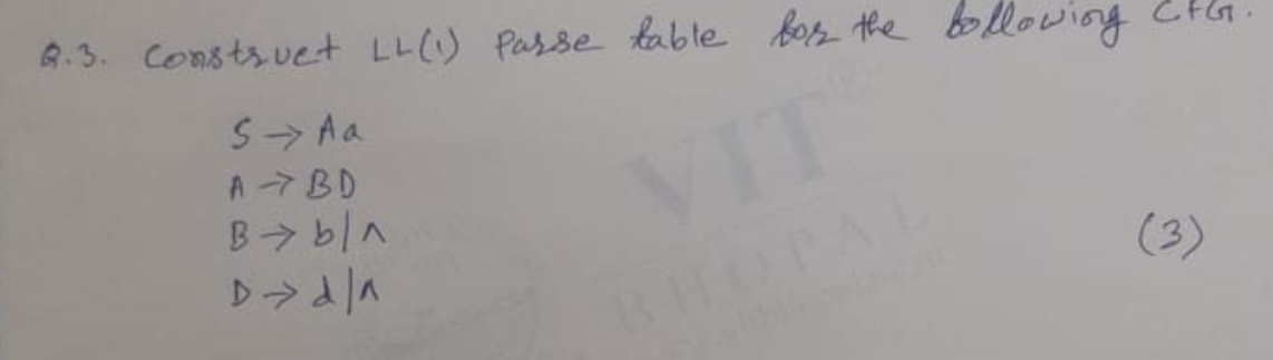 Q.3. Construet LL(1) parse table bor the bollowing | Chegg.com