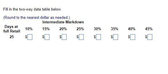 Solved Fill in the two-way data table below. (Round to the | Chegg.com