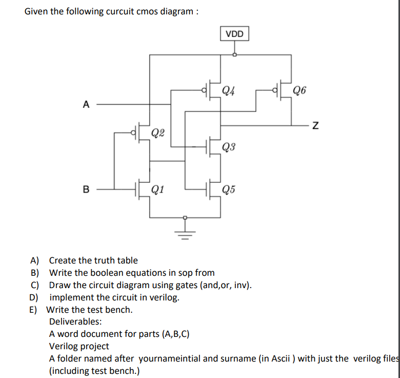 Solved Given the following curcuit cmos diagram : VDD Q4 Q6 | Chegg.com