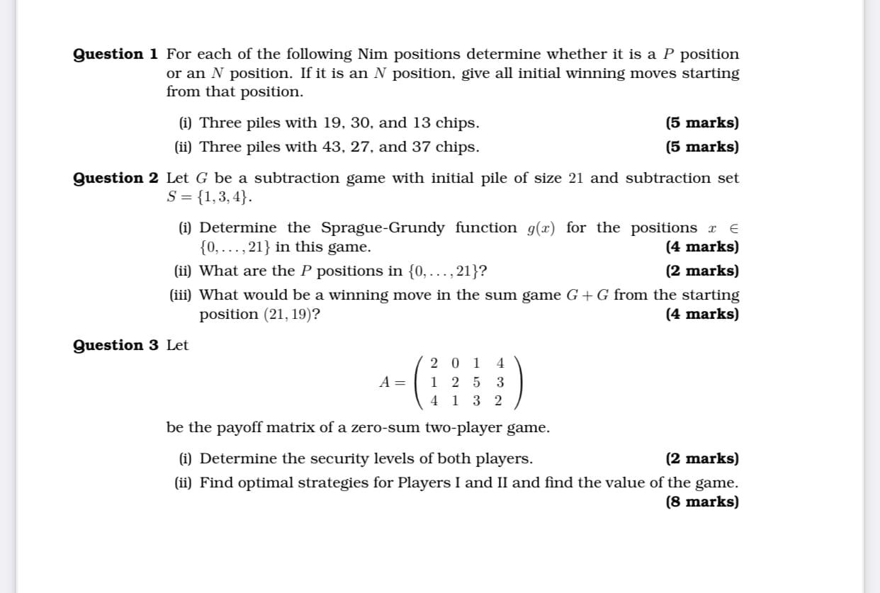 Solved Question 1 For each of the following Nim positions | Chegg.com