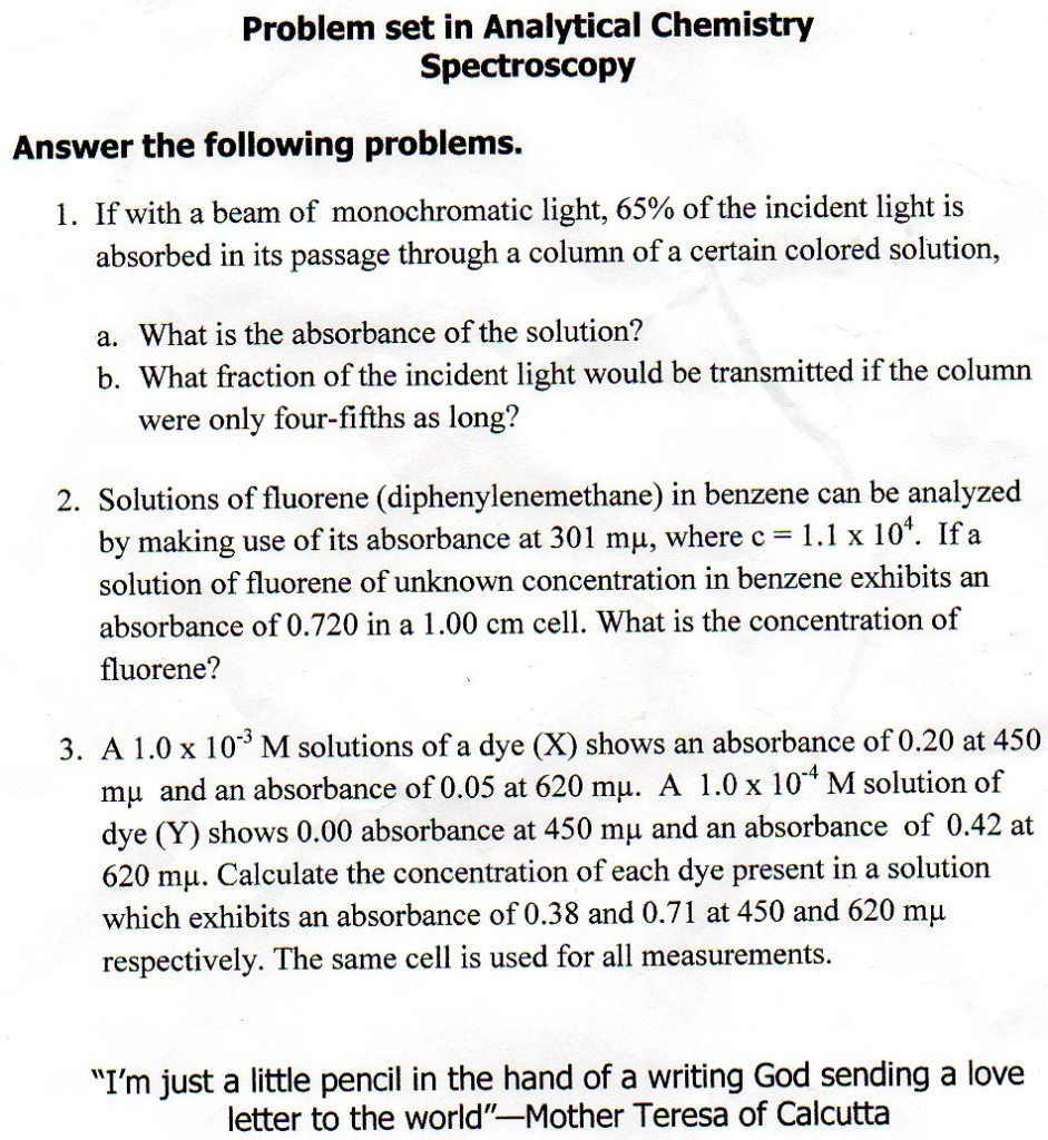 Solved Problem set in Analytical Chemistry Spectroscopy | Chegg.com