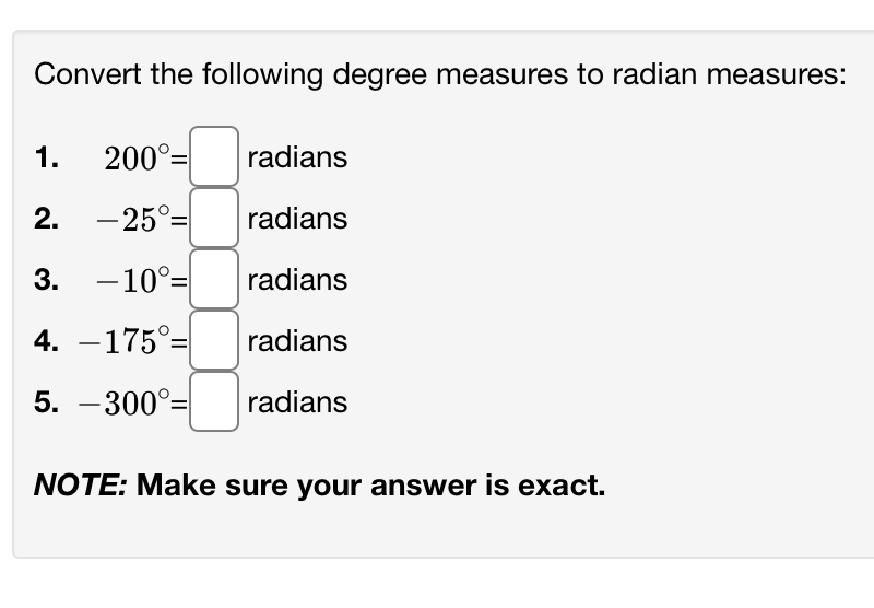 Solved Convert the following degree measures to radian | Chegg.com