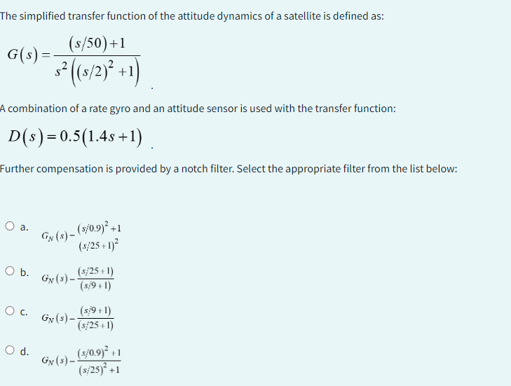 Solved The simplified transfer function of the attitude | Chegg.com
