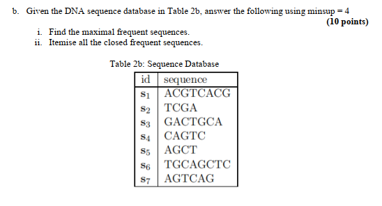 Solved 6. Given the DNA sequence database in Table 2b, | Chegg.com