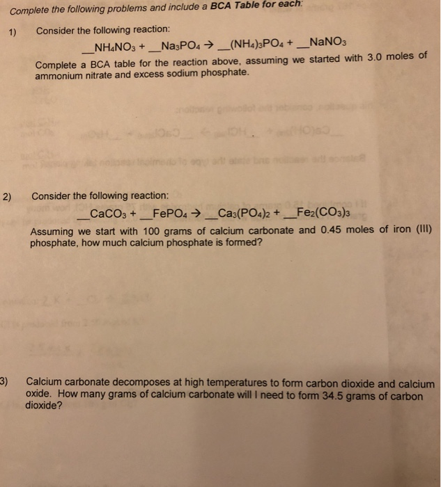 Solved BCA Table for each Complete the following problems | Chegg.com