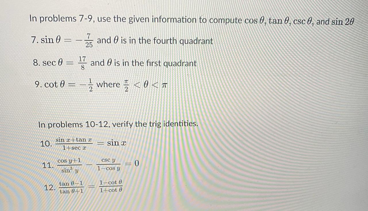 Solved In problems 7-9, use the given information to compute | Chegg.com