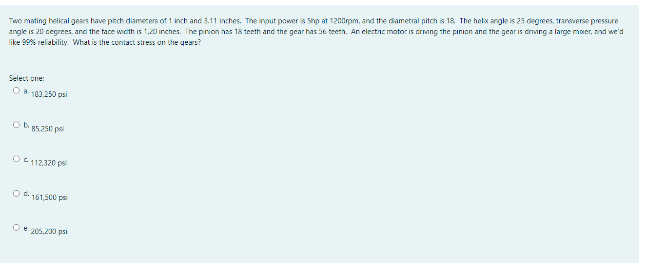 Two mating helical gears have pitch diameters of 1 | Chegg.com