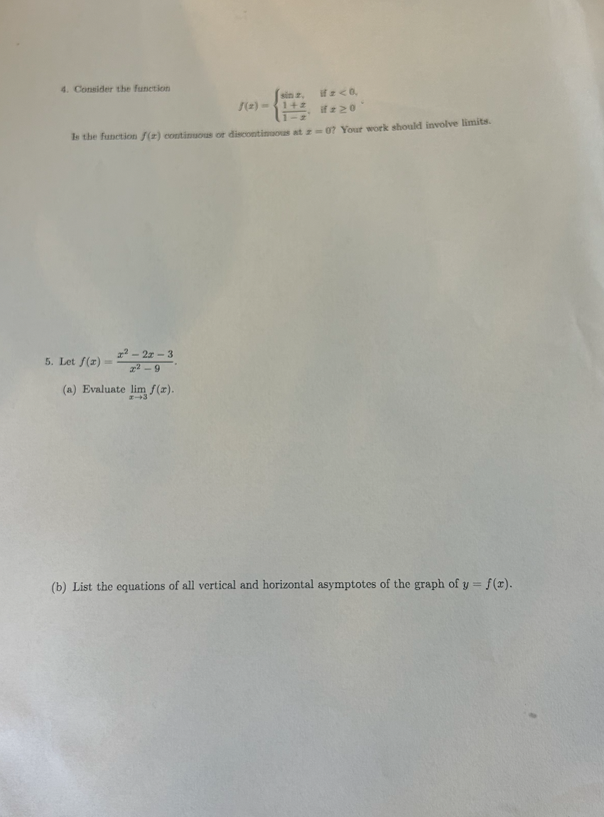 Solved 4. Consider the function f(x)={sinx,1−x1+x, if x