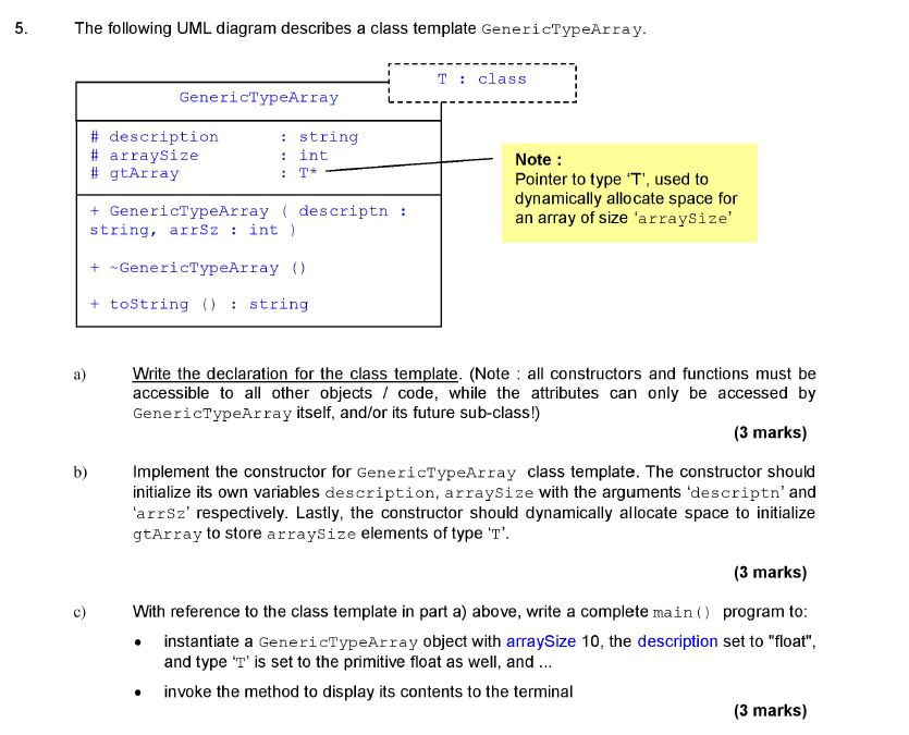 Solved 5. The following UML diagram describes a class | Chegg.com