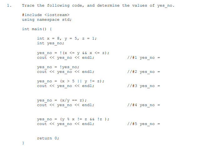 Solved 1. Trace the following code, and determine the values | Chegg.com