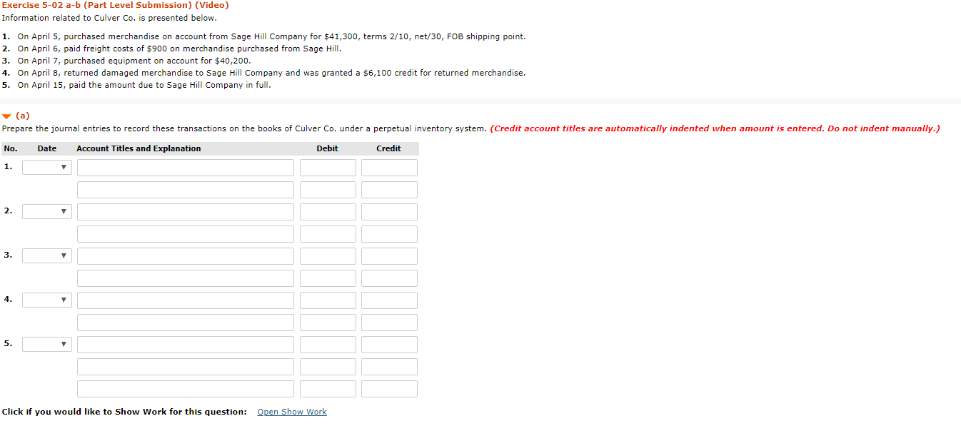 Solved Exercise 5-02 a-b (Part Level Submission) (Video) | Chegg.com