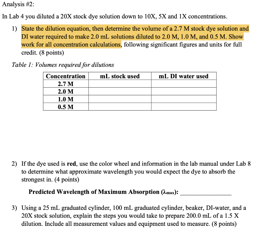 Solved Analysis #2: In Lab 4 you diluted a 20X stock dye | Chegg.com