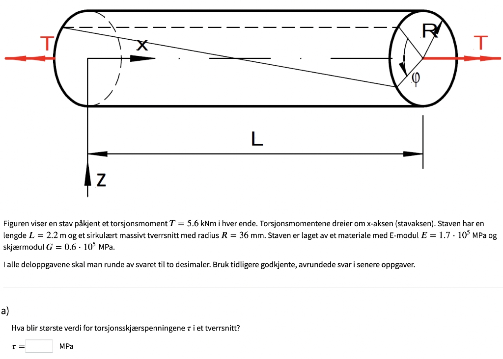 Solved The figure shows a rod subjected to a torque 𝑇 = 5.6 | Chegg.com