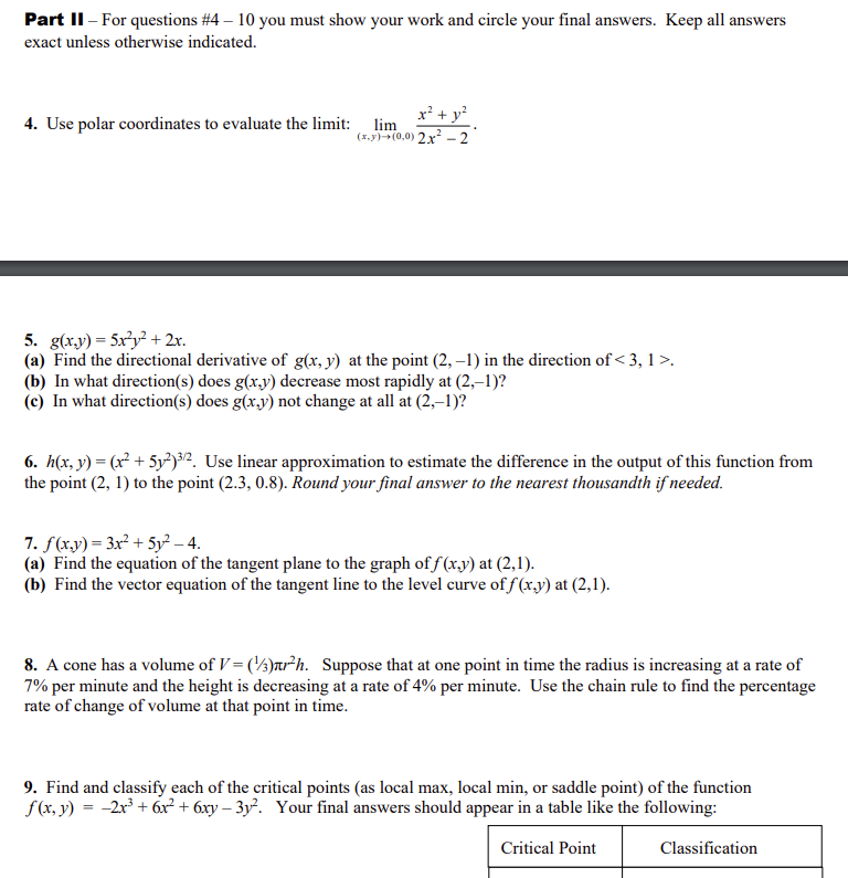 Solved Part II - For questions \#4 - 10 you must show your | Chegg.com