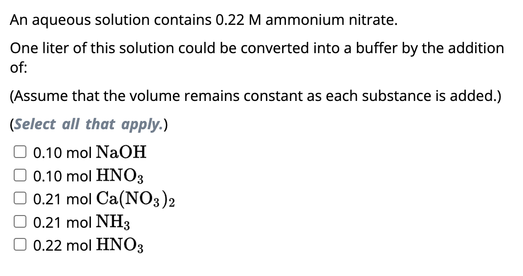 Solved An aqueous solution contains 0.22M ammonium nitrate. | Chegg.com