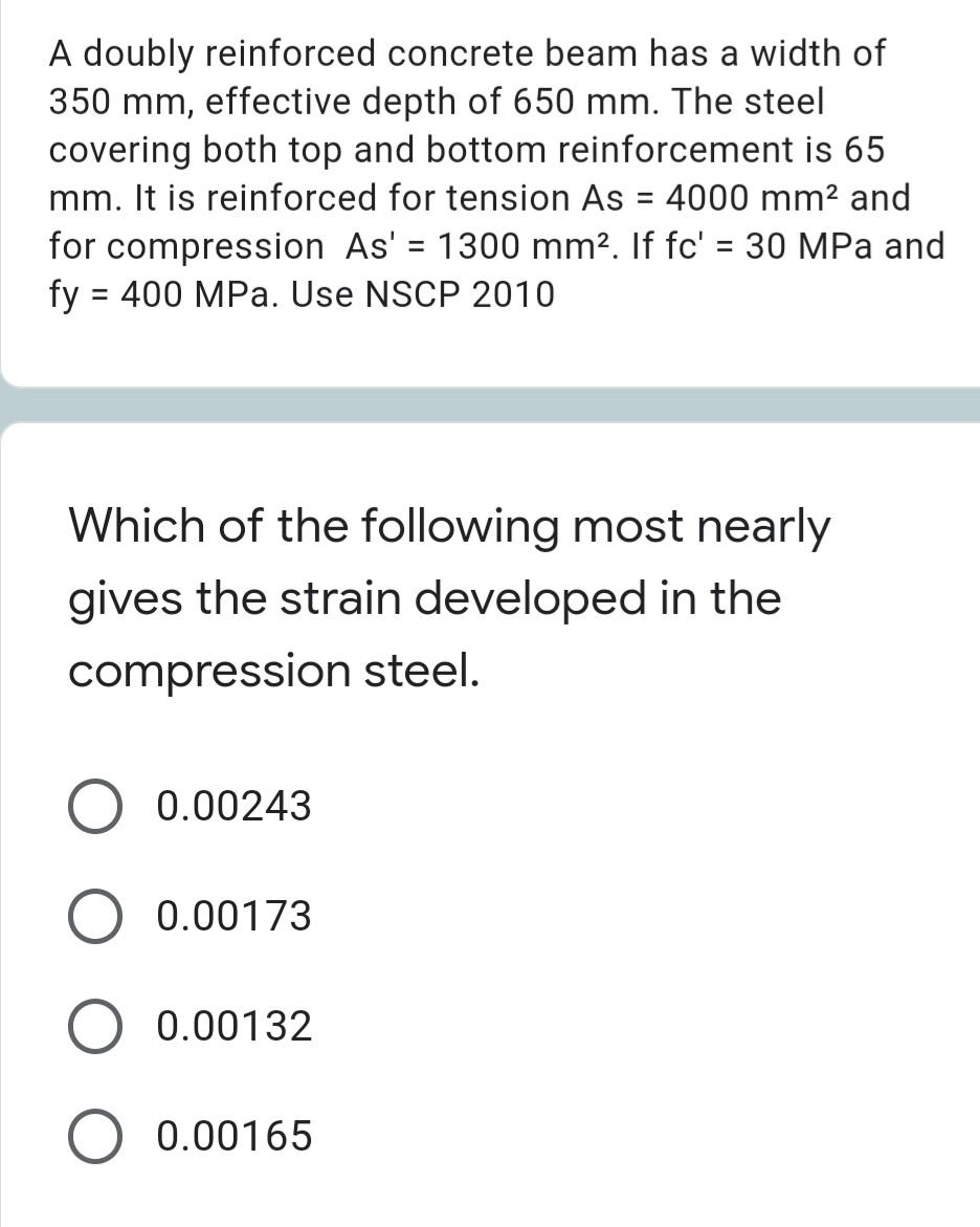 Solved A doubly reinforced concrete beam has a width of 350 | Chegg.com