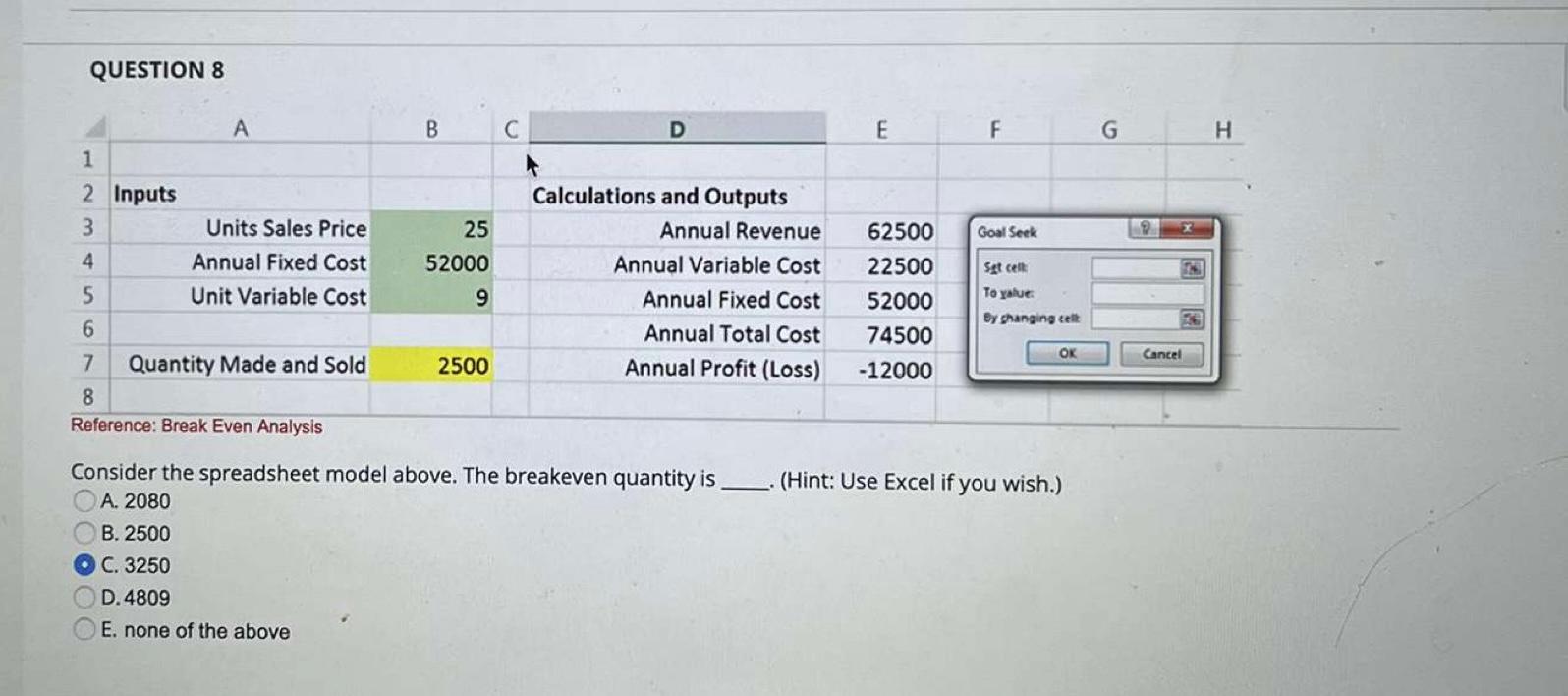 Solved QUESTION 8 Consider the spreadsheet model above. The | Chegg.com