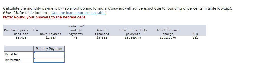 Solved Calculate the monthly payment by table lookup and | Chegg.com