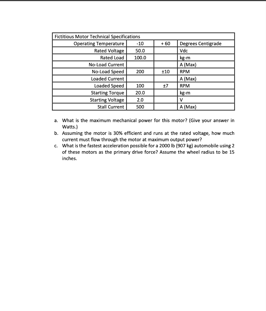 Solved + 60 Fictitious Motor Technical Specifications | Chegg.com