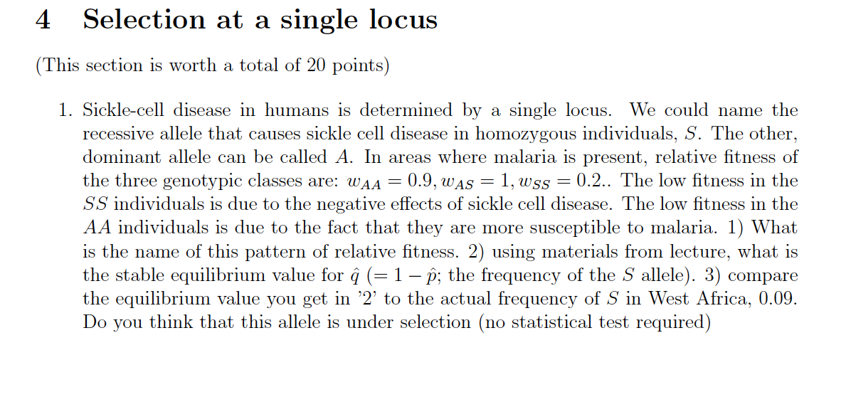 Solved 4 Selection at a single locus (This section is worth | Chegg.com