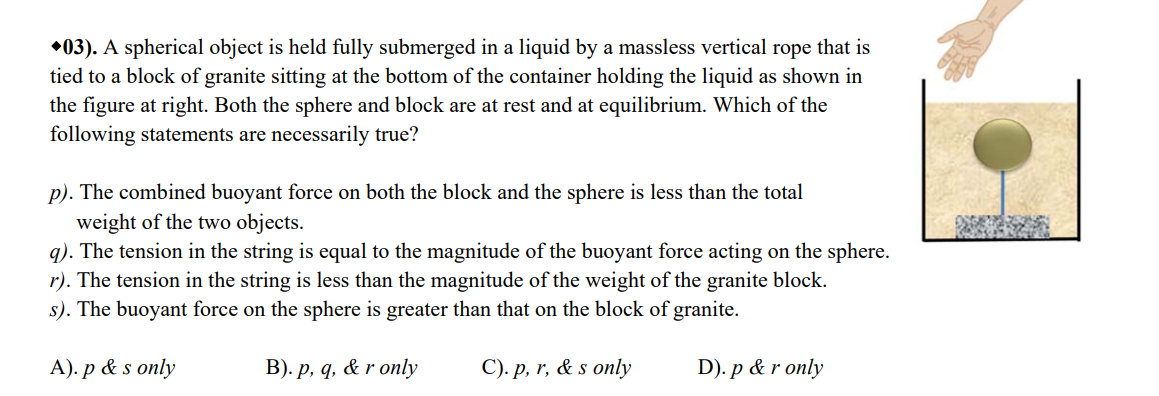 Solved ⋅03). A spherical object is held fully submerged in a | Chegg.com