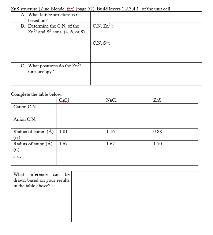 Solved ZnS ﻿structure (Zinc Blende, fcc) (page 52). ﻿Build | Chegg.com